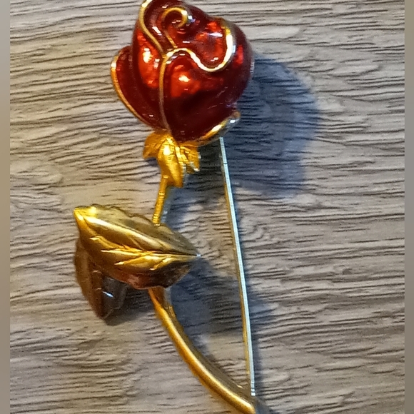 Jewelry | Gold Tone Enamel Red Rose Brooch | Poshmark